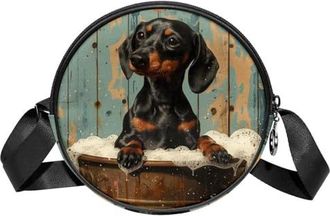 Generic Petit sac &agrave; bandouli&egrave;re rond pour femme, motif teckel avec fermeture &eacute;clair, bretelles r&eacute;glables, sac &agrave; main rond d&eacute;contract&eacute; pour femmes et filles