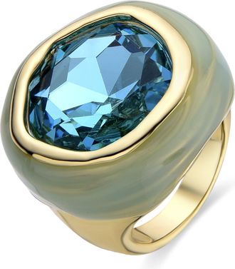 Luxenter Damenring aus Metalllegierung mit blauem und goldfarbenem Kristall, 18 kt Gelbgold, Modell Mantis, Größe 14