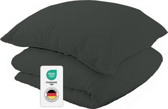 jilda-tex Bio-Bettwäsche Musselin Medina 100% Bio-Baumwolle Knitterlook Bügelfrei Uni Made in Green (Waldgrün, 200x220 + 2X 80x80 cm)