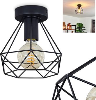 HOFSTEIN Deckenleuchte Denno, 1-flammige Deckenlampe aus Metall in Schwarz, Vintage Look Deckenlampe mit Metallschirm Käfig und Lichteffekt, 1 x E27, ohne Leuc