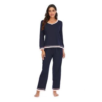 Generic Pyjama Femme Long Col V Ensemble Pyjama Ensemble 2 Pi&egrave;ces Haut &agrave; Manches Longues et Pantalon de Pyjama Jambe Large Confortable D&eacute;tente S-XXL(Navy Blue
