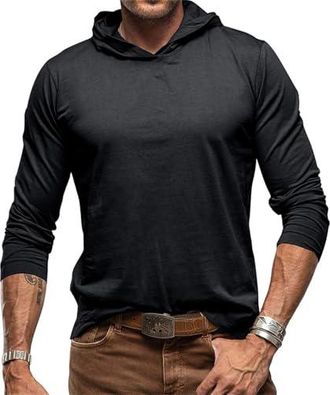 Generico T-shirt à manches longues pour homme avec capuche, mode basique, sweat de course léger, fin à séchage rapide, t-shirt fonctionnel coupe slim, Noir, XX