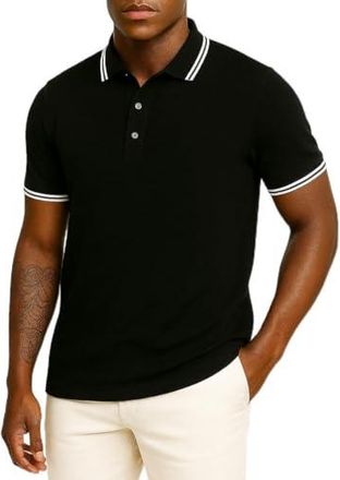 LEIF NELSON LN7305 T-shirt dété, col polo, à manches courtes, basique, pour homme/garçon, coupe ajustée, en maille fine, blanc noir, Noir, M
