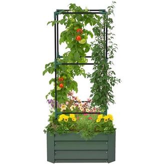 OUTSUNNY Hochbeet mit Rankhilfe, Blumenkasten mit Offenem Boden, Gem&uuml;sebeet, Pflanzkasten, Kr&auml;uterbeet f&uuml;r Garten, Balkon, Verzinkter Stahl, Gr&uuml;n, 61 x 61 x 14