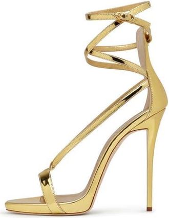Generic Sandales &agrave; Talons Aiguilles 12cm Femme M&eacute;tallique Or Argent &agrave; Bretelles Bout Ouvert Enroulement de Cheville Chaussures de Robe pour F&ecirc;te Mariage Bal d
