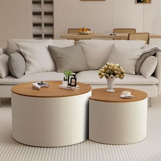 Generic Runder Beistelltisch mit Stauraum, modernes, schickes Halbmond-Couchtisch-Set (2er-Set) - Lederfurniert, f&uuml;r Wohnzimmer, Arbeitszimmer oder Balkon (B 