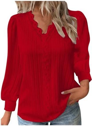 Generic Chemisier à manches longues et col en V pour femme 2026 : élégante chemise boutonnée en dentelle florale, Rouge, 3XL