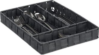 Relaxdays Besteckkasten, Schubladeneinsatz mit 4 Fächern, für Küchenbesteck, geflochten, HxBxT 4,5 x 26 x 36 cm, grau 10030252_111