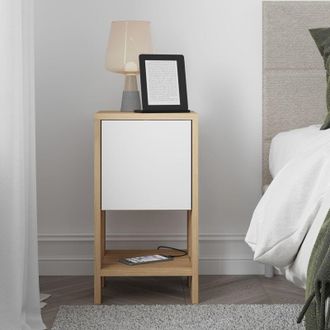Decortie Decortie Ema Table de chevet moderne avec rangement Armoire &agrave; portes coulissantes Ch&ecirc;ne blanc 30cm de largeur