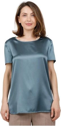 Max Mara Femme, Tops, Bleu, Taille: 44 FR T-Shirt &agrave; manches courtes ras du cou en satin de pure soie stretch lav&eacute;