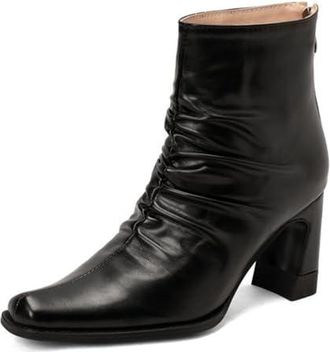 Generic Bottines plissées à bout carré pour femme - Talon bloc - Fermeture éclair dans le dos - Confortables - Chaussures dhiver décontractées, Noir, 38.5 EU