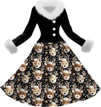 Generic Robes de Noël pour femmes UK 2025 élégantes robes de fête de Noël robes de fête de Noël robes de fête robe de Noël col en V imprimé sapin de Noël robe