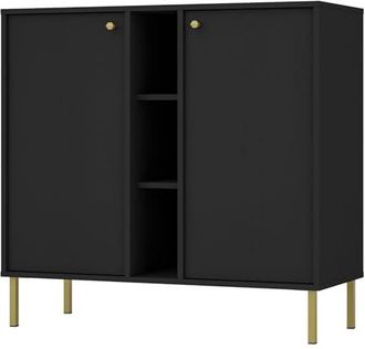Selsey Oktio Kommode Schwarz-Graphit Mit Goldenen Details - Elegantes Design - 100,2 cm Breit - 2 Türen, 3 Offene Fächer - Laminierte Spanplatte - ABS-Kanten
