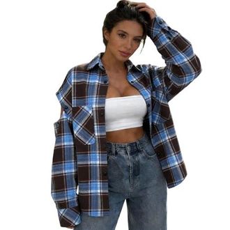 Generic Chemise a Carreaux pour Femme D&eacute;contract&eacute; Oversized Chemisier Blouse &agrave; Manches Longues Amovibles Manteau avec Bouton en Flanelle Jacket L&eacute;g&egrave;re et Coup