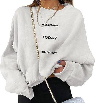 ORANDESIGNE Sweatshirt Femme Décontractées Oversized Lettre Imprimé en Manches Longues Col Rond Blouses sans Capuche Pullover Automne Hiver Top Adolescent Filles 