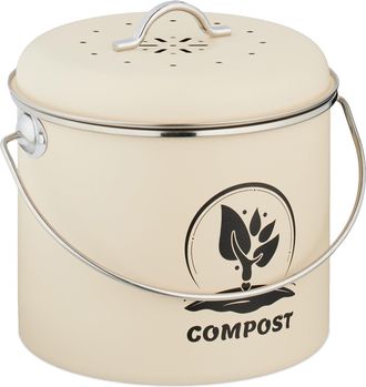 Relaxdays Komposteimer Küche, 3,5 Liter, 2 Aktivkohlefilter, mit Deckel, Henkel, Eisen, runder Biomüllbehälter, Creme