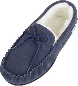 SNUGRUGS Clara Chaussons mocassins bas en laine dagneau pour femme - Bleu - bleu marine, 42 EU