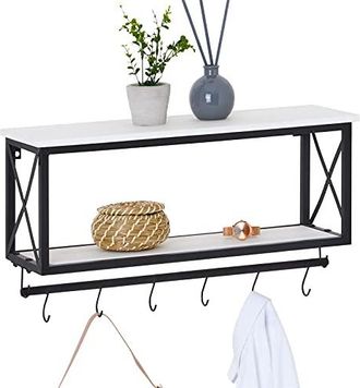 IDIMEX Porte-Manteaux Mural Armando avec 2 &eacute;tag&egrave;res de Rangement en Bois Blanc et 6 pat&egrave;res Crochets sur Tringle, Cadre en m&eacute;tal Noir Style Industriel