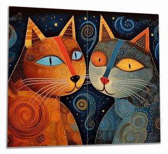 Wallario Herdabdeckplatte/Spritzschutz aus Glas, 2-teilig, 60x52cm mit 8mm hohen Füßen, für Ceran- und Induktionsherde, Kosmische Katzenfreunde