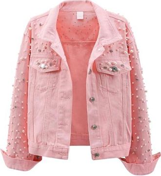Generic Veste courte en jean pour femme avec perles et strass, rose, 5XL