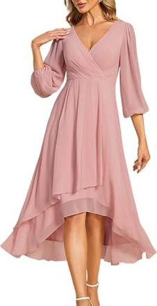 Ever-pretty Robe dInvité de Mariage Femme Col V 3/4 Manches Mousseline High Low Rose Poussiéreuse 42