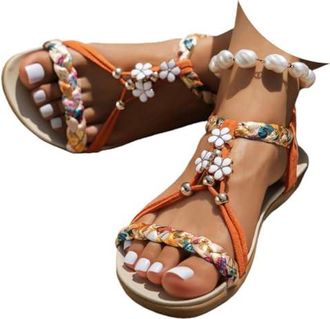 Generic Sandales de plage boh&egrave;me pour femme - Style boh&egrave;me - Avec perles et strass - Sangle de cheville &eacute;lastique - Bout ouvert - Chaussures plates d&eacute;t&eacute; - &Eacute;l&eacute;