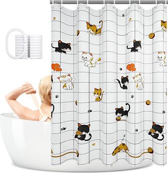 Generic Duschvorhang, PEVA-Duschvorhänge für Badezimmer, lange Duschvorhänge mit 12 Kunststoffhaken-Set (Katze, 180 x 180 cm)