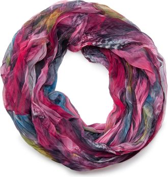 styleBREAKER Damen Loopschal Feder Muster Batik Style | leichter Schlauchschal mit Crash Crinkle Optik | weiches Halstuch f&uuml;r Fr&uuml;hling und Sommer, Farbe:Pink