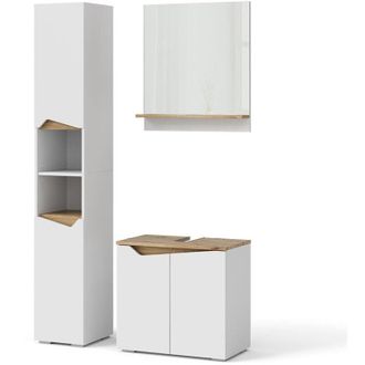 Vicco Ensemble de meubles de salle de bain Marelle, Blanc, 3 pi&egrave;ces, avec armoire haute