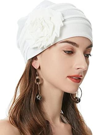 ZLYC Bonnet turban pour femme avec fleurs, bonnet élastique pour chimiothérapie, Blanc / Floral, Talla única-M