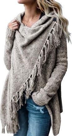 Generic Pull vintage pour femme en tricot avec pampilles fendues et franges mouchetées, kaki clair, XL