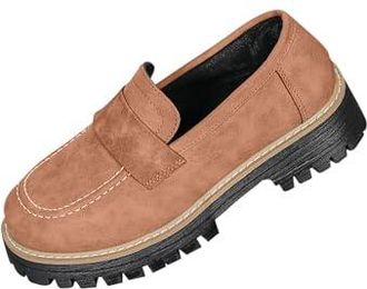 Generic Mocassins pour femme - Coupe large - Style r&eacute;tro - Couleur unie - Talons &eacute;pais - Antid&eacute;rapants - Confortables - &Agrave; enfiler - Classique, marron, 37.5 EU