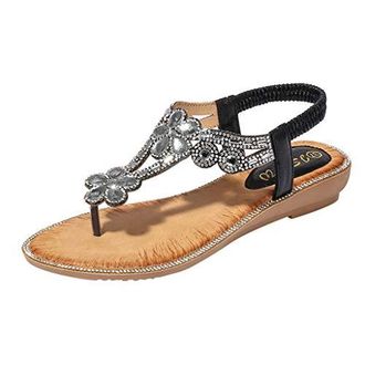 Generic 2026 Boh&ecirc;me Chaussures d&eacute;contract&eacute;es Sandales d&eacute;t&eacute; pour femme Bling Beach Crystal Flat Sandales pour femme, Noir, 37.5 EU