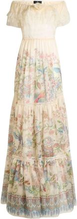 Etro Femme, Robes, Blanc, Taille: 38 FR Longue Robe en Soie avec Imprim&eacute; Flore et Faune Plac&eacute;