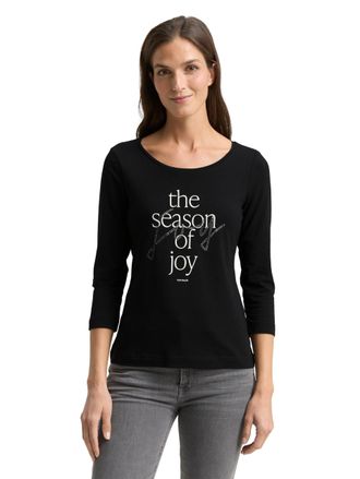 Tom Tailor Damen 1050751 Langarmshirt mit Print, 14482-Deep Black, XXL