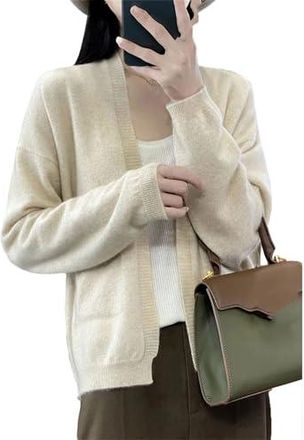 Generic Cardigan tricot&eacute; en laine fine m&eacute;lang&eacute;e &agrave; col en V sans boucle pour femme, Beige, XS