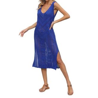 Generic Cache-maillot de bain pour femme - Robe d&eacute;bardeur de plage en crochet avec fente ajour&eacute;e - Robe sans manches pour l&eacute;t&eacute;, la plage, les vacances, les es