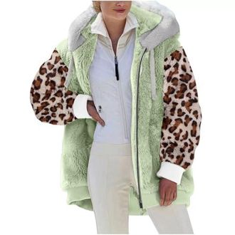 Generic Veste polaire dhiver chaude à fermeture éclair pour femme - Doublure Sherpa - Imprimé léopard - Vêtement dextérieur pelucheux avec poche, Vert, XXL