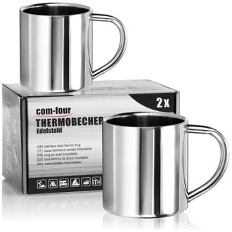 Com-Four 2x Edelstahl Thermobecher - 220 ml je Becher - Isolierbecher doppelwandig - Kaffeetasse bruchsicher - Thermo-Trinkbecher - Camping Becher - Tasse - BP