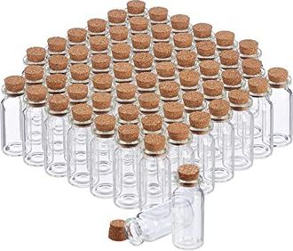 Relaxdays Glasfl&auml;schchen mit Korken, 60 St&uuml;ck, Mini Fl&auml;schchen f&uuml;r &Ouml;l, Gew&uuml;rze, Kr&auml;uter, Sand, 10 ml, Deko, transparent