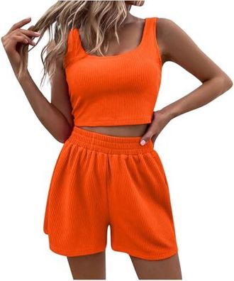 Generic Tenues d&eacute;t&eacute; deux pi&egrave;ces pour femme - Ensemble short 2 pi&egrave;ces sans manches assorti - Haut court et short taille haute - Essentiel pour les vacances d&eacute;t