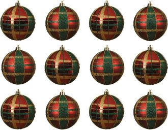 Decoris Weihnachtskugeln Kunststoff 8cm x 12 Stück bruchsicher Schottenkaro Christbaumkugeln weihnachtsrot