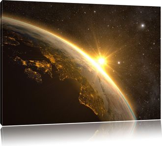 Pixxprint Die Sonne und Erde im Weltall, Größe: 100x70cm, Leinwandbild, fertig gespannt, Wandbild, Dekoration, Kunstdruck, kein Poster