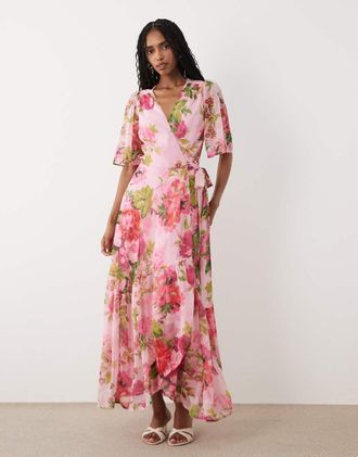 Hope & Ivy Robe longue cache-coeur &agrave; manches &eacute;vas&eacute;es et imprim&eacute; floral - Rose