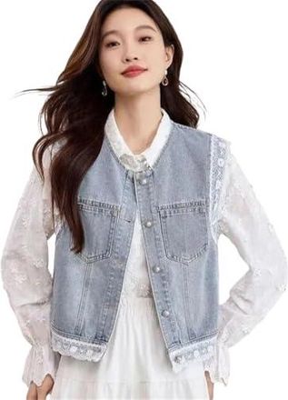 Generic Veste en jean pour femme - Dentelle &eacute;piss&eacute;e - Sans manches - Style cowboy, bleu, XS