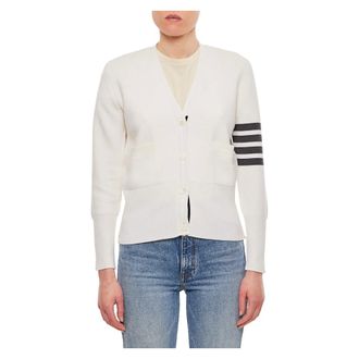 Thom Browne Femme, Pulls, Blanc, Taille: 34 FR Cardigan en laine &agrave; col en V et rayures 4-Bar