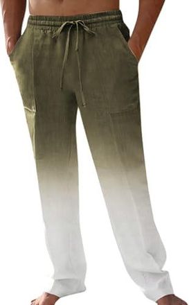 Generic Pantalon baggy en coton et lin pour homme, d&eacute;contract&eacute; et tendance, couleur unie, d&eacute;grad&eacute; de couleur, pantalon de plage ample en lin, pantalon de plag
