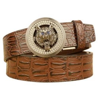 Generic Ceinture &Agrave; Cliquet For Homme Avec Boucle Ronde Automatique En Strass T&ecirc;te De Loup, Motif Crocodile, Largeur 1 3/8 - Ajustable (130 Cm/51, Noire)(Brown