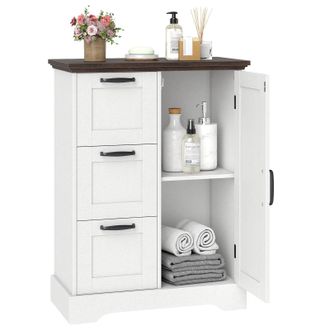 Giantex Bodenschrank im Bauernhausstil, Badezimmerschrank mit Scheunent&uuml;r, 2 Ablagen & 3 Schubladen, freistehender Aufbewahrungsschrank f&uuml;r Wohnzimmer, K&uuml;che 