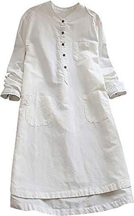 Generic Chemisier &agrave; manches longues en lin pour femme - Chemisier long en lin - Col en V - Chemisier long en mousseline - T-shirt long respirant - Chemise en 